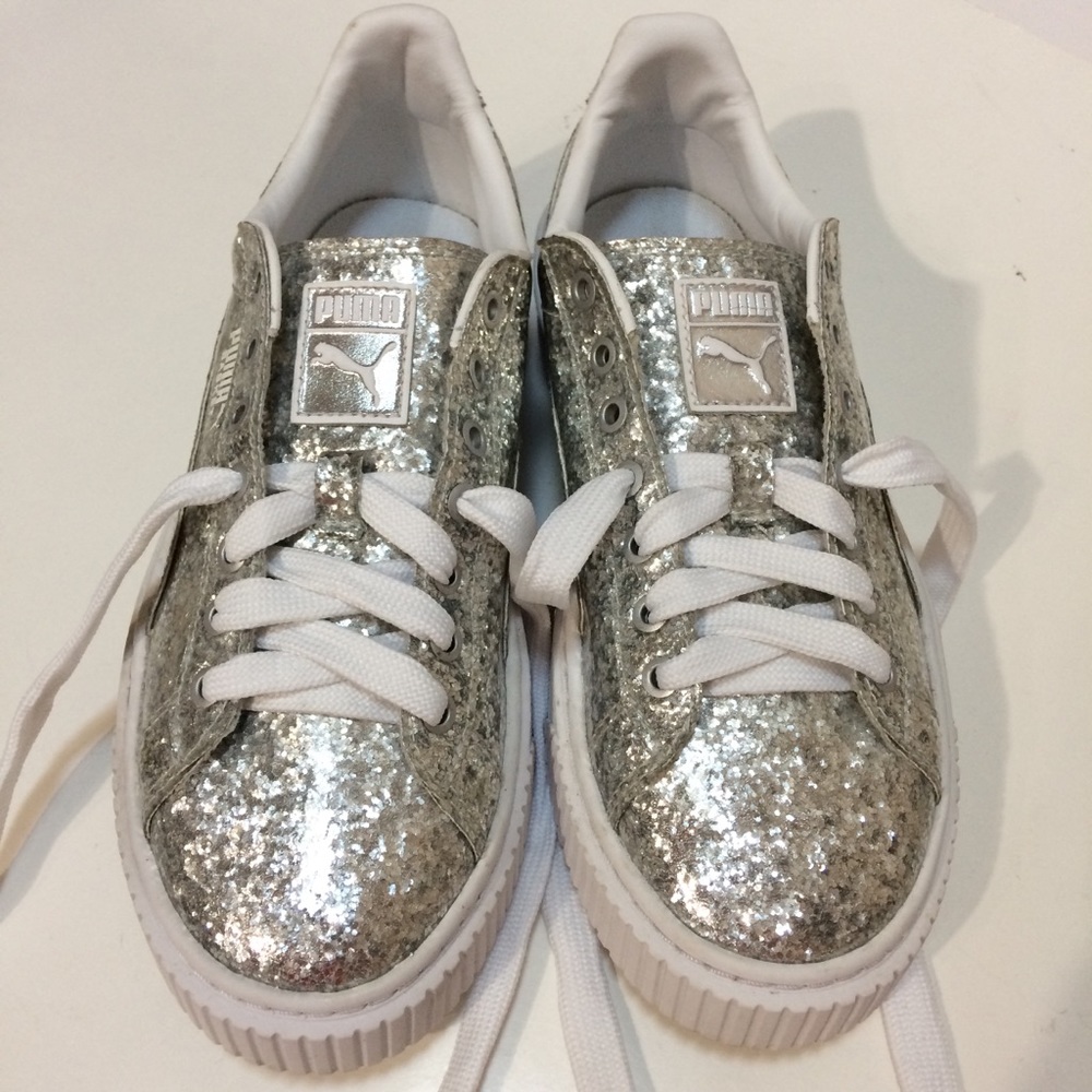 Puma Basket Platform Silver Glitter Sneakers - Gem